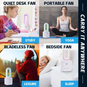 Desk Fan Small Bladeless Personal Fan Quiet Mini Table Fan 12'' Touch Control 4000mAh Rechargeable Portable Fan with 6-Colors LED Ambient Light for Office Home Bedroom Nightstand White