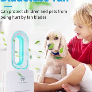 Desk Fan Small Bladeless Personal Fan Quiet Mini Table Fan 12'' Touch Control 4000mAh Rechargeable Portable Fan with 6-Colors LED Ambient Light for Office Home Bedroom Nightstand White