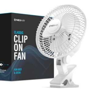 nexair 6-inch clip on fan,360 degree rotation,two speed portable clip fan with strong clamp grip,quiet operating desk fan made of durable material,great for bedroom,office,living room nf001-wh-q