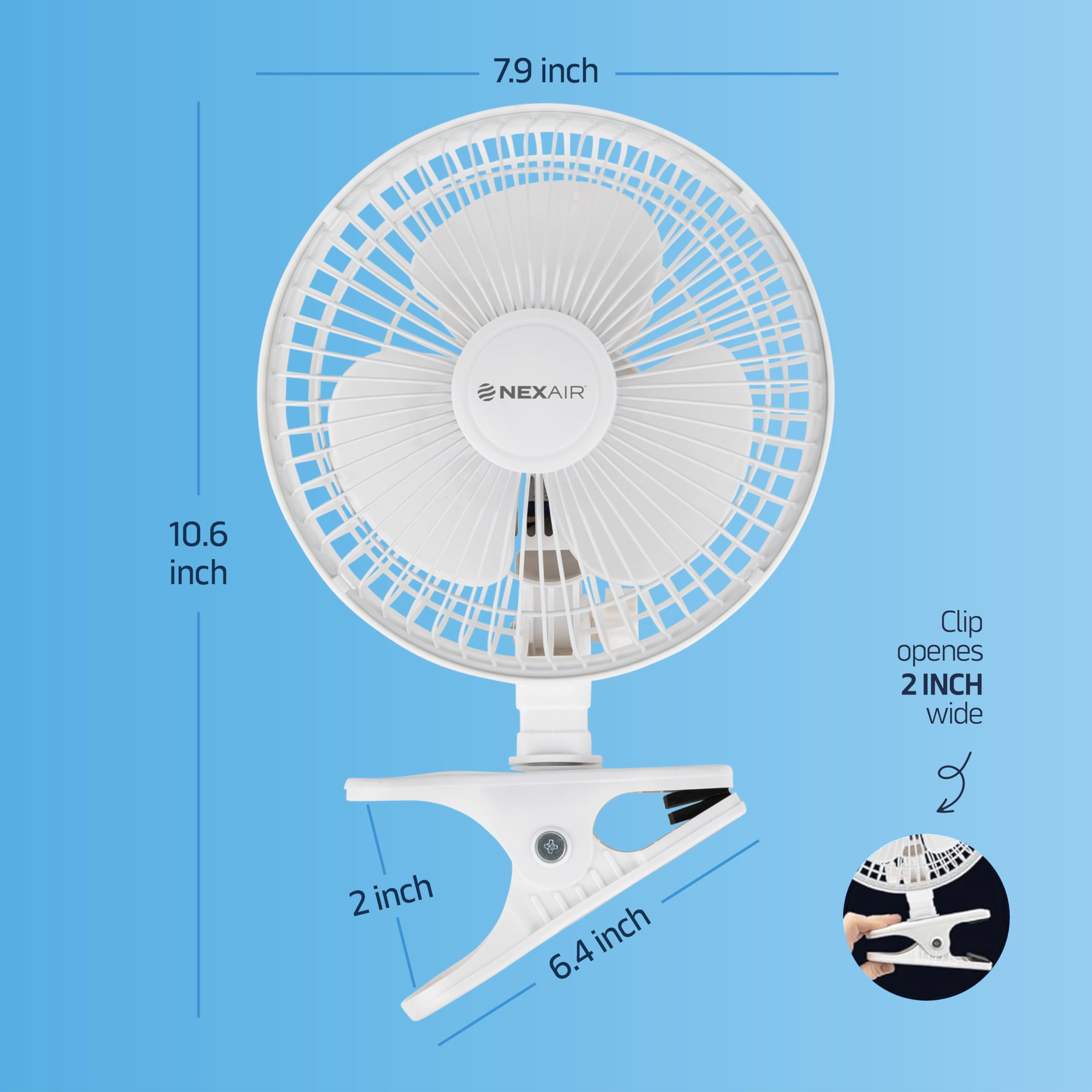 NEXAIR 6-Inch Clip on Fan,360 Degree Rotation,Two Speed Portable Clip Fan With Strong Clamp Grip,Quiet Operating Desk Fan Made Of Durable Material,Great For Bedroom,Office,Living Room NF001-WH-Q