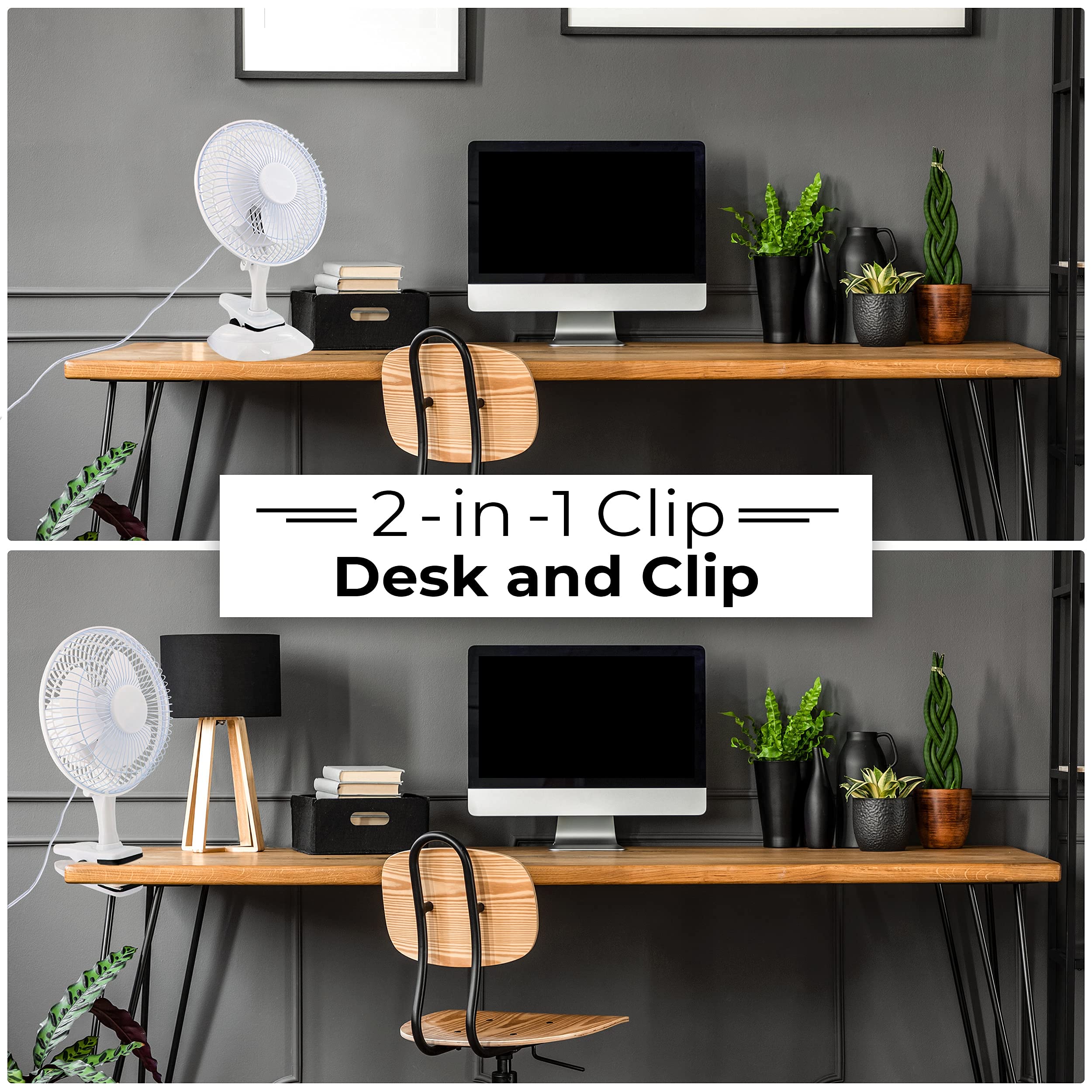 RamPro Portable Desk and Clip on Fan, 6 Inch Fans Small and Quiet Plug In, Small Personal Cooling Fan for Desk Home Bedroom Office, 2 Speed, Adjustable Tilt, White