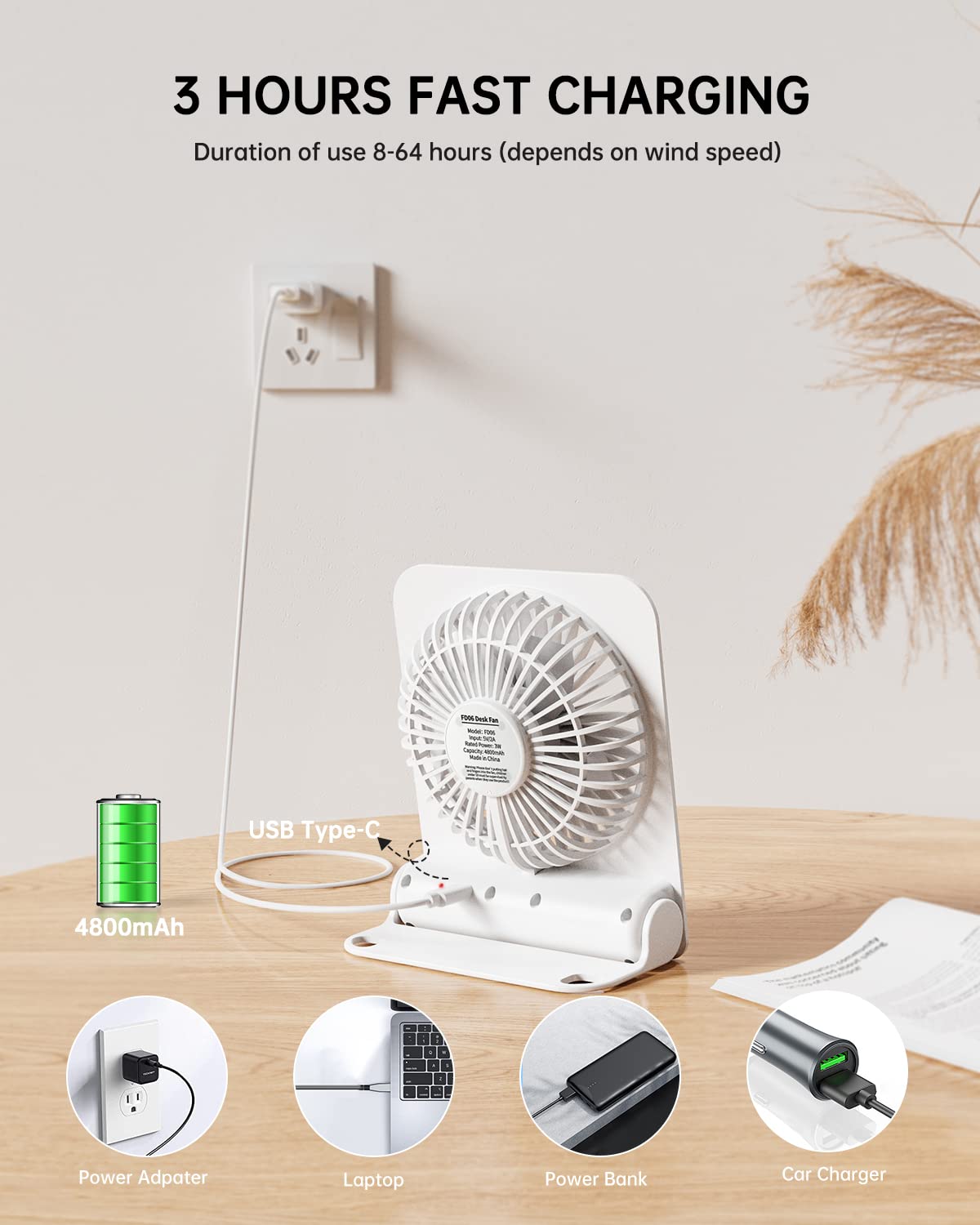 Aluan Desk Fan Small Quiet Portable Desktop Fan 4800mAh Rechargeable Battery Operated 180° Foldable Stand Personal Table Fan Strong Wind Stepless Speed Cooling USB Fan for Home Office Travel, White