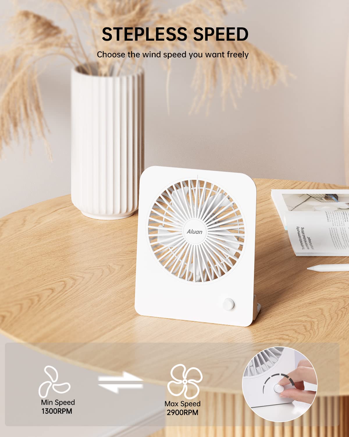 Aluan Desk Fan Small Quiet Portable Desktop Fan 4800mAh Rechargeable Battery Operated 180° Foldable Stand Personal Table Fan Strong Wind Stepless Speed Cooling USB Fan for Home Office Travel, White