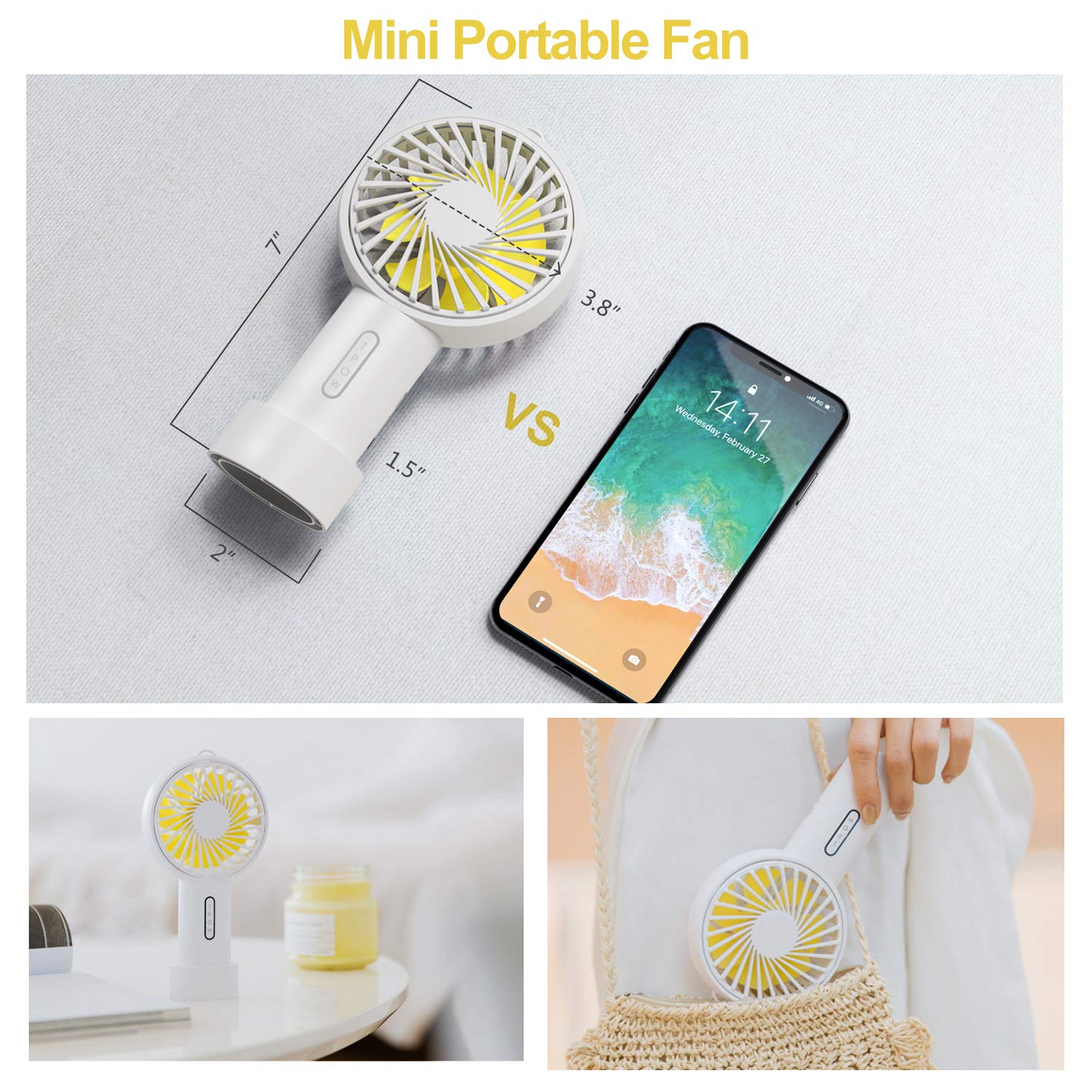 IPOW Mini Handheld Fan Personal Portable Fan 3 Speed Adjustable Angle Removable Base Lanyard USB Recharging Battery Operated Small Desk Cooling Face Fan for Home Camping Disney Travel Icy White