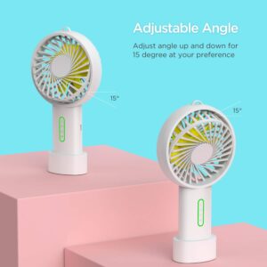 IPOW Mini Handheld Fan Personal Portable Fan 3 Speed Adjustable Angle Removable Base Lanyard USB Recharging Battery Operated Small Desk Cooling Face Fan for Home Camping Disney Travel Icy White