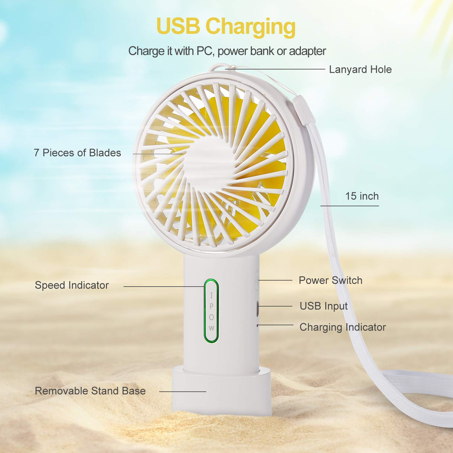 IPOW Mini Handheld Fan Personal Portable Fan 3 Speed Adjustable Angle Removable Base Lanyard USB Recharging Battery Operated Small Desk Cooling Face Fan for Home Camping Disney Travel Icy White