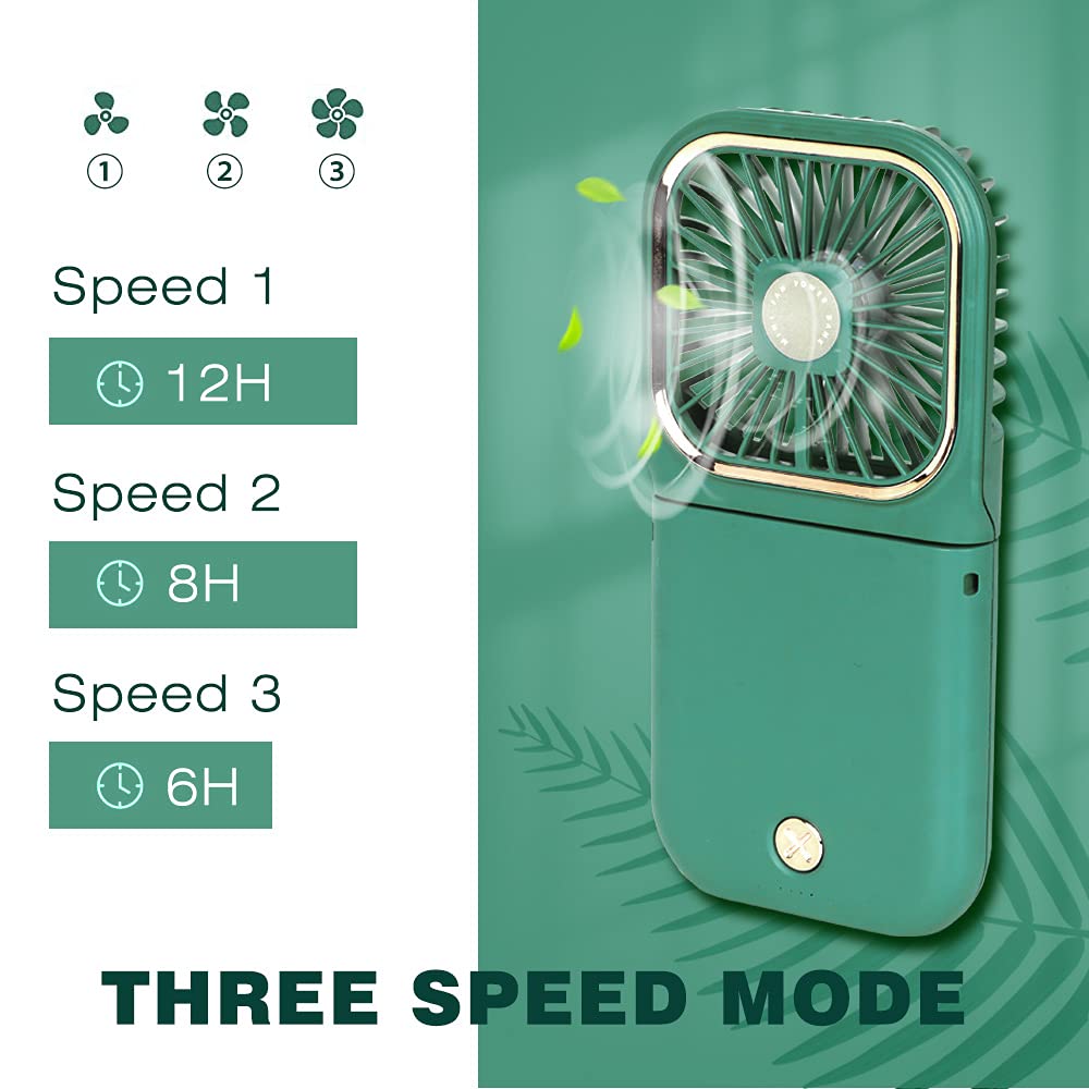 Portable Mini Fan Small Battery Operated Fan 5 in 1 as Power Bank,Phone Holder,Handheld Fan,Desk Fan, USB Rechargeable Personal Hand Fans,3000 mAh Power Bank,3 Speed Adjustable, Neck lanyard, Green