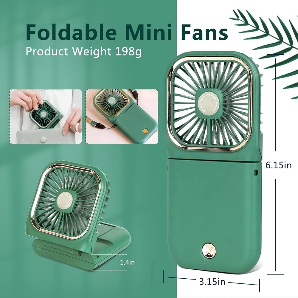 Portable Mini Fan Small Battery Operated Fan 5 in 1 as Power Bank,Phone Holder,Handheld Fan,Desk Fan, USB Rechargeable Personal Hand Fans,3000 mAh Power Bank,3 Speed Adjustable, Neck lanyard, Green