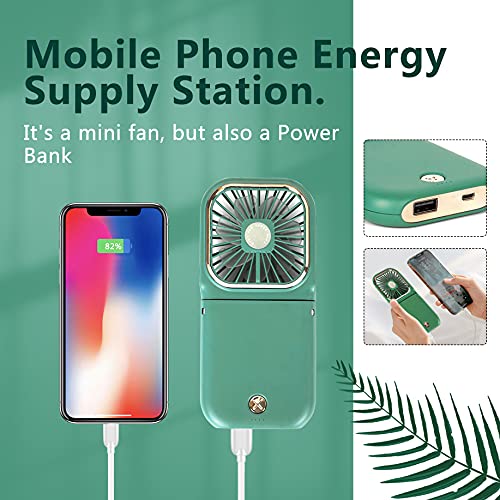 Portable Mini Fan Small Battery Operated Fan 5 in 1 as Power Bank,Phone Holder,Handheld Fan,Desk Fan, USB Rechargeable Personal Hand Fans,3000 mAh Power Bank,3 Speed Adjustable, Neck lanyard, Green