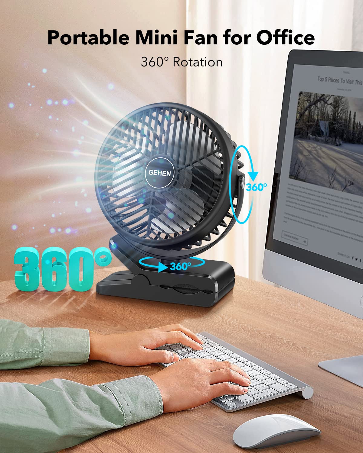 GEHEN Portable 3-Speed Clip-on Fan with Sturdy Clamp 10000mAh Battery-Powered Clip Fan Rechargeable Ultra-Quiet for Bedroom Office Camping & Stroller