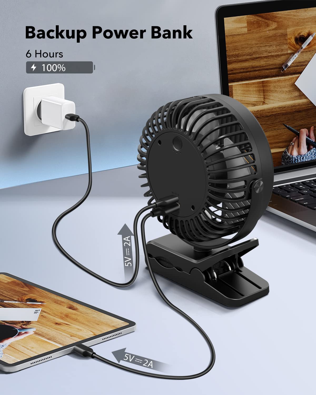 GEHEN Portable 3-Speed Clip-on Fan with Sturdy Clamp 10000mAh Battery-Powered Clip Fan Rechargeable Ultra-Quiet for Bedroom Office Camping & Stroller