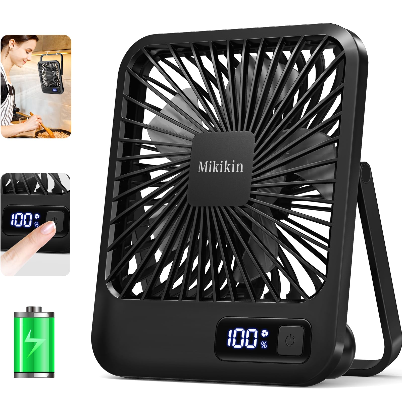 Mikikin Desk Fan Battery Operated, Portable USB Rechargeable Fan, 2000mAh 180° Tilt Folding Personal Fan With Power Display, 5 Speeds Ultra Quiet Table Fan for Desktop, Home, Travel(Black)