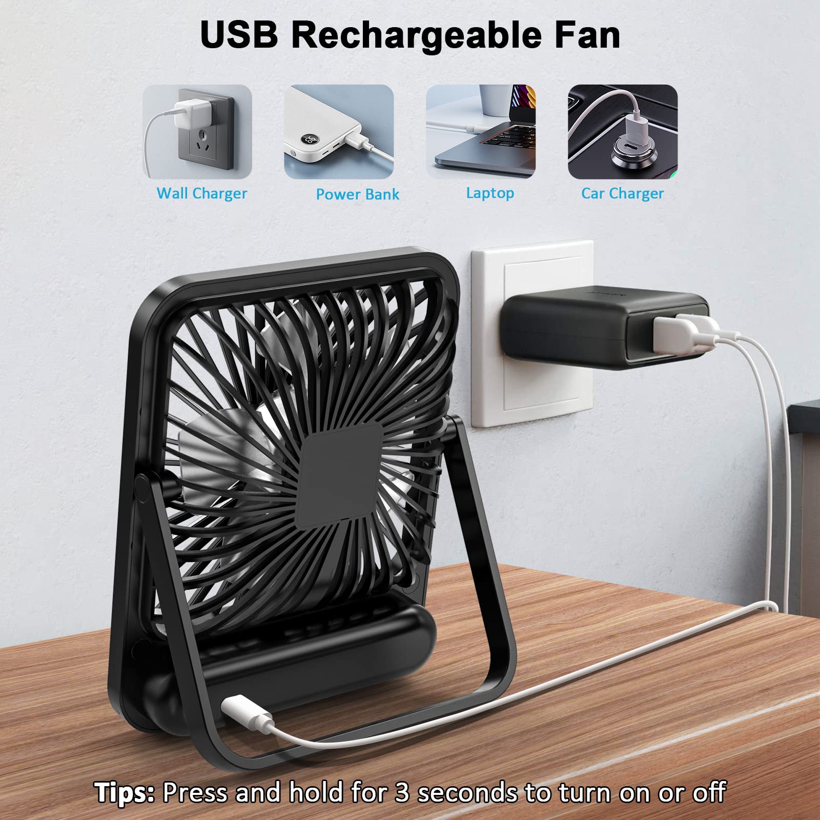 Mikikin Desk Fan Battery Operated, Portable USB Rechargeable Fan, 2000mAh 180° Tilt Folding Personal Fan With Power Display, 5 Speeds Ultra Quiet Table Fan for Desktop, Home, Travel(Black)