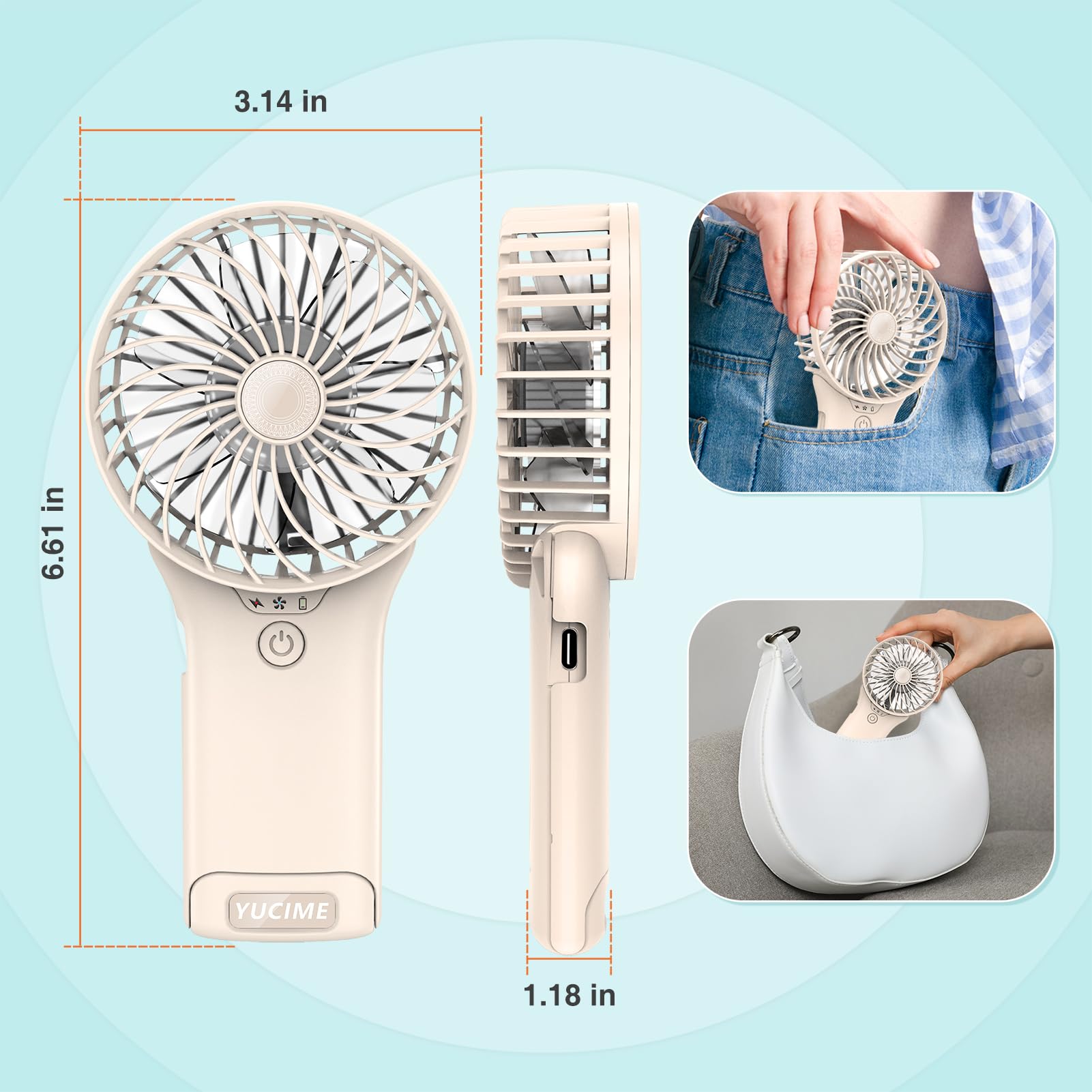 Yucime Handheld Portable Fan Desk Fan, Powerful Personal Fan 4 Adjustable Speed USB Recharging Battery Operated Mini Fan with Makeup Mirror for Stylish Girl Kids Women Men 1 Count (Pack of 1)