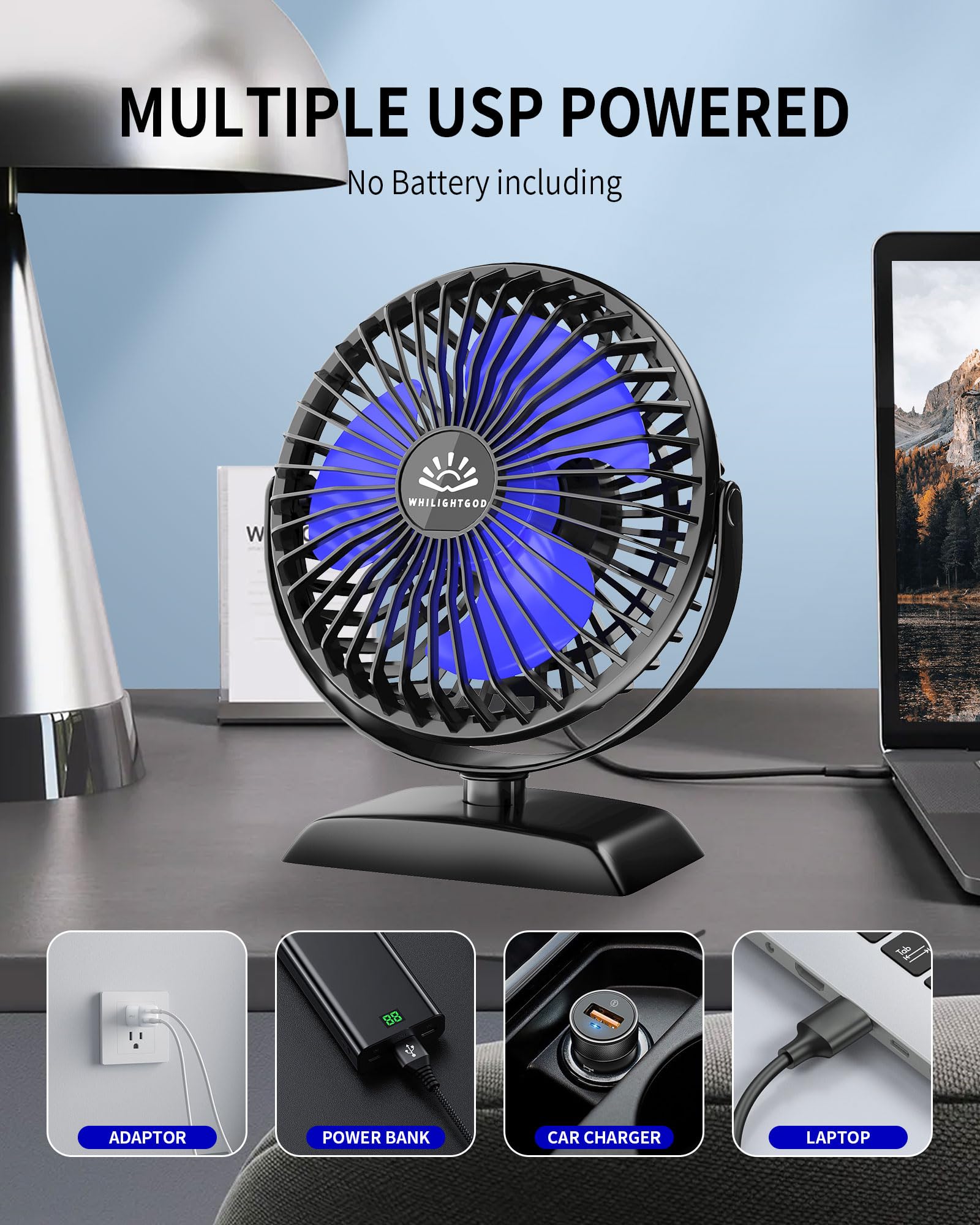 USB Desk Fan, Mini Fan but Powerful, Portable USB Fan with 3 Speeds, Quiet Table Personal Fan, 360°Rotate Coolness, Small Table Fan for Home,Office, Bedroom, Desktop,Travel, USB Powered, Black