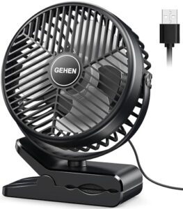 gehen 3-speed clip-on fan with sturdy clamp & strong airflow, usb-powered for easy cooling, ultra-quiet operation ideal for bedroom, office, & stroller use