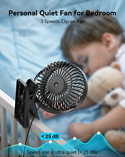 GEHEN 3-Speed Clip-On Fan with Sturdy Clamp & Strong Airflow, USB-Powered for Easy Cooling, Ultra-Quiet Operation Ideal for Bedroom, Office, & Stroller Use