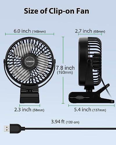 GEHEN 3-Speed Clip-On Fan with Sturdy Clamp & Strong Airflow, USB-Powered for Easy Cooling, Ultra-Quiet Operation Ideal for Bedroom, Office, & Stroller Use