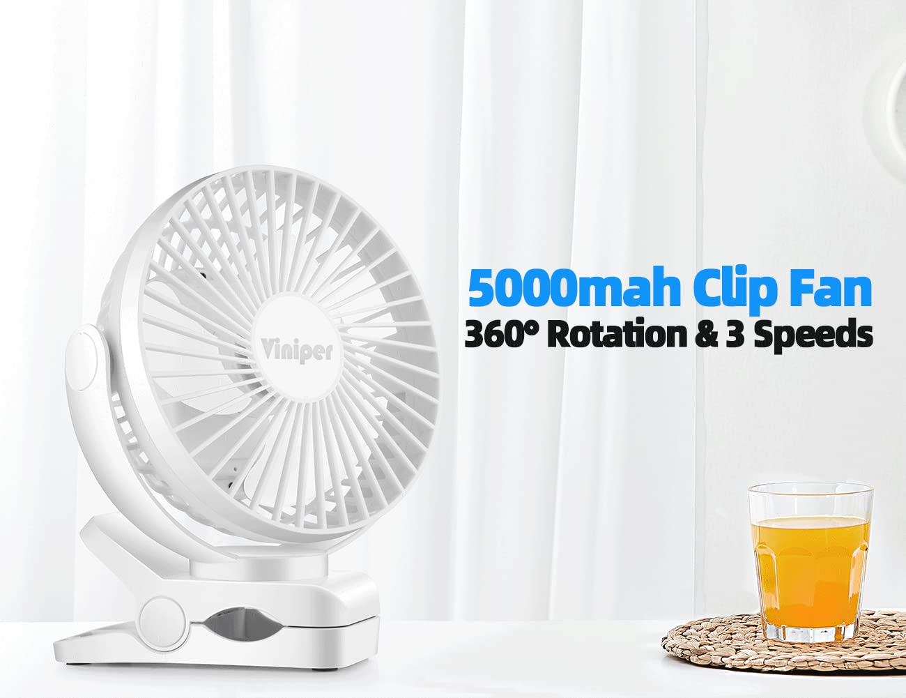 Viniper 6 inch Rechargeable Clip on Fan, 5000mah Battery Desk Fan : 360° Rotation & 3 Speeds Strong Wind Portable Fan, 8-30 Working Hours, Quiet and Powerful (White)