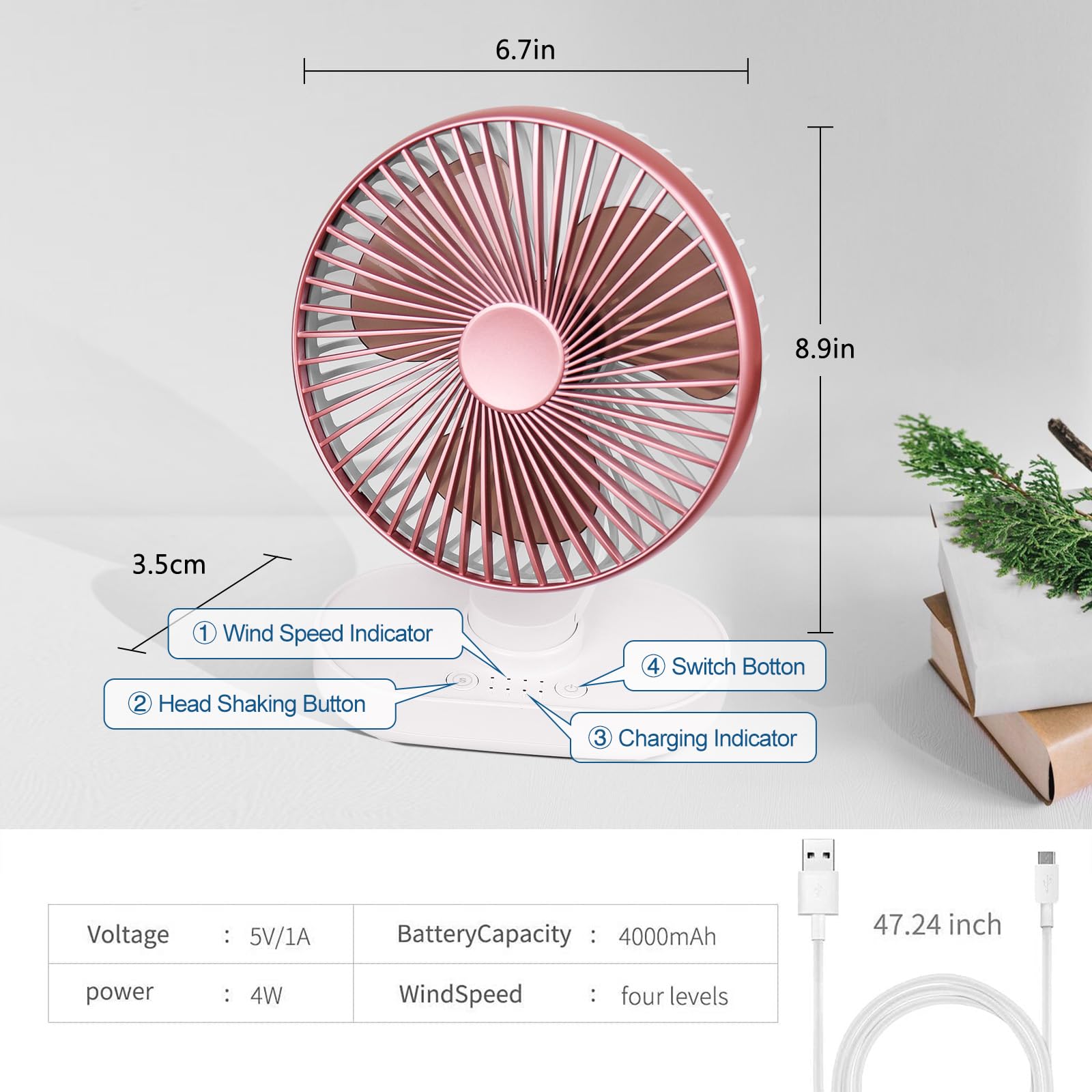 Battery Operated Fan 4000mAh, Rechargeable Fan, Portable Desk Fan,Small battery powered fan ,Small fan, Oscillating Fan,Dual Adjustable Angle Desktop Air Circulate Fan with 4 Speed for Home Office