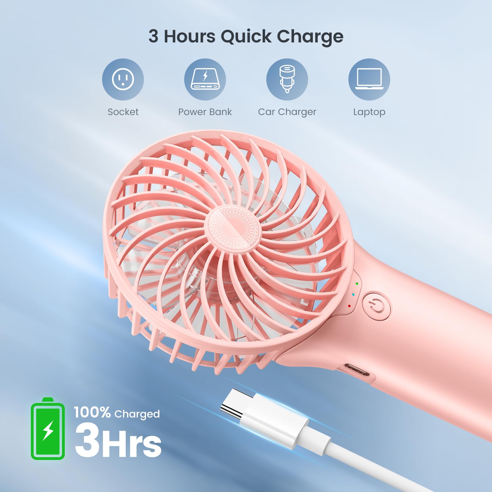 2024 Upgrade Handheld Portable Fan Longer Lasting Max 20Hrs Working Time, 4 Speeds Strong Wind USB Rechargeable Personal Mini Fan Desk Fan for Girls Women Kids Traveling Outdoor Office-Pink