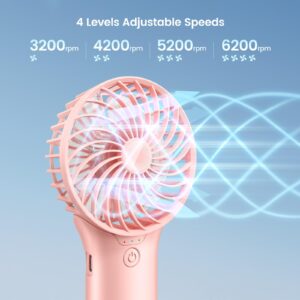 2024 Upgrade Handheld Portable Fan Longer Lasting Max 20Hrs Working Time, 4 Speeds Strong Wind USB Rechargeable Personal Mini Fan Desk Fan for Girls Women Kids Traveling Outdoor Office-Pink