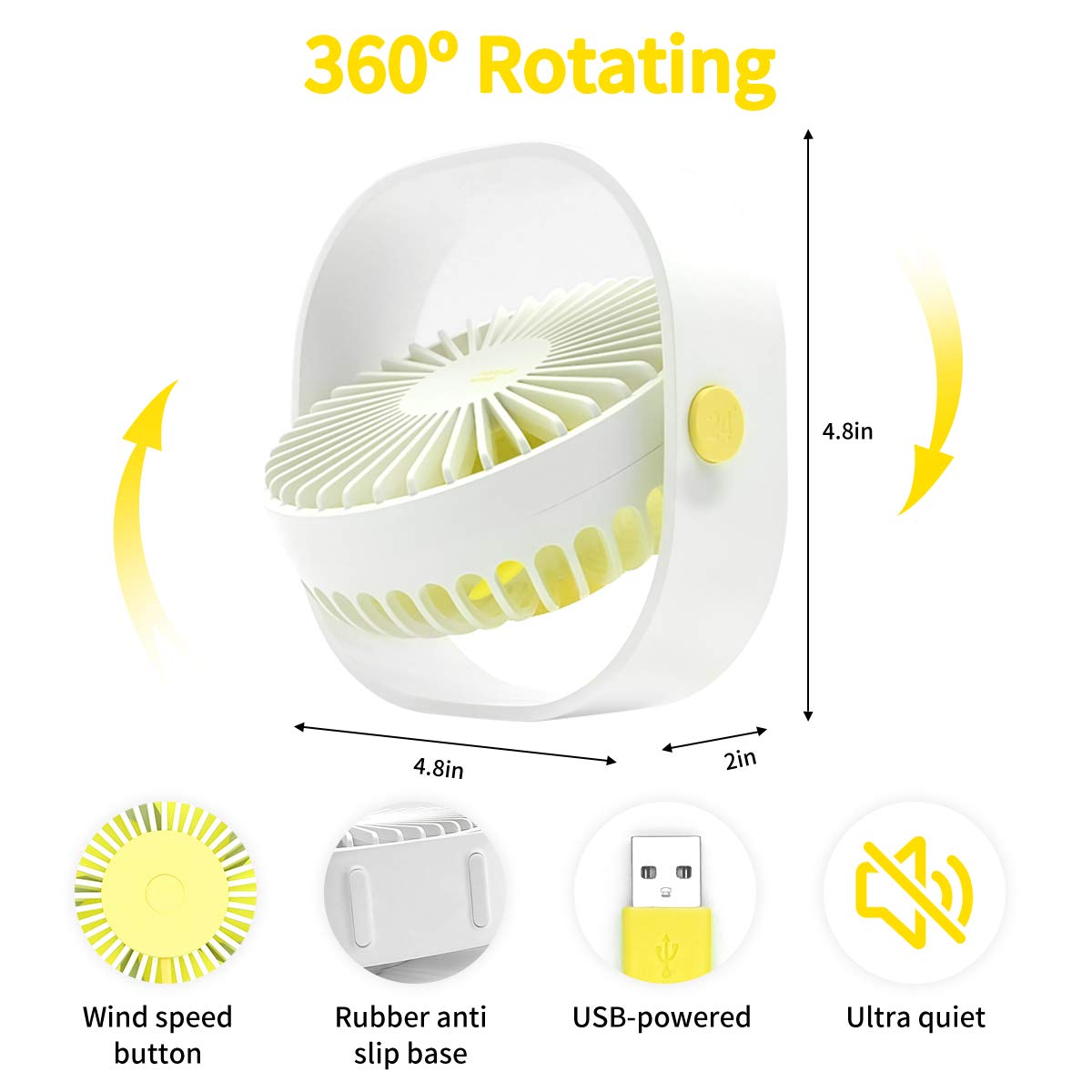 HARPAT Mini USB Desk Fan 3 Speed Personal Small Desktop Table Quiet USB Fan for Home Office Car Outdoor Travel (White)