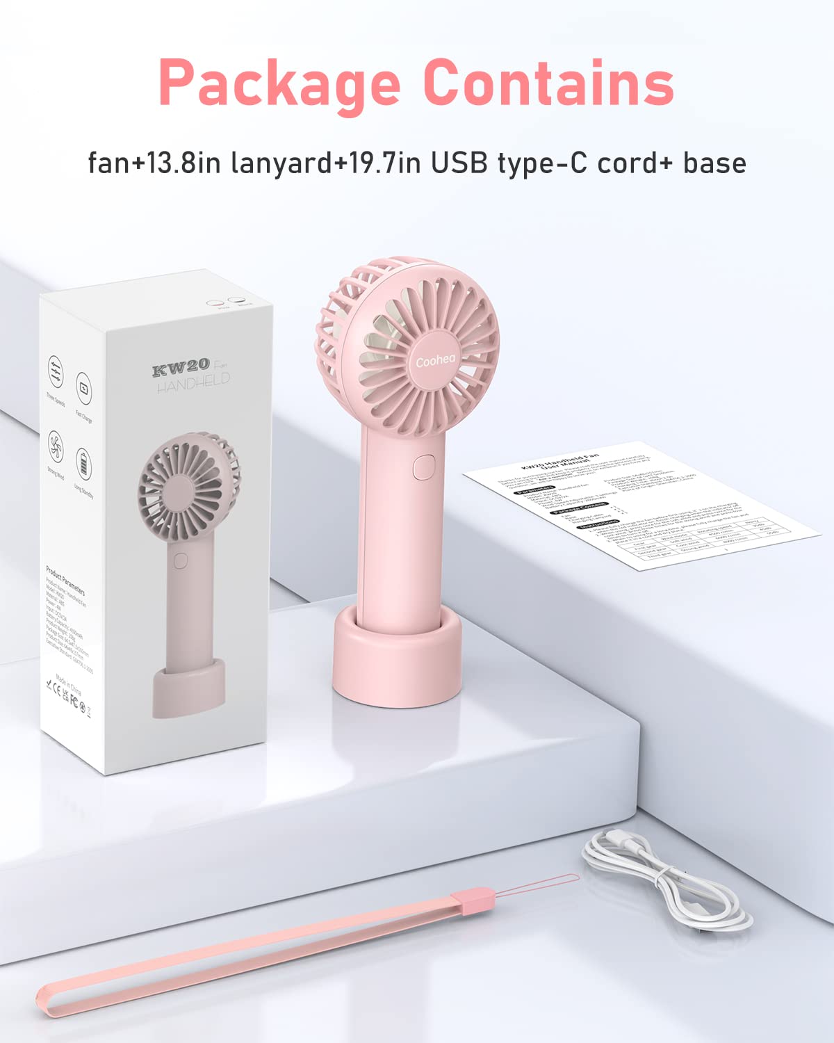 Coohea Mini Handheld Fan 4800mAh Battery Portable Fan USB Rechargeable Eyelash Fan 3 Speeds Wind Powerful Makeup Fan Cute Small Fan with Base & Lanyard for Hand Held Desk Travel Beach Office, Pink