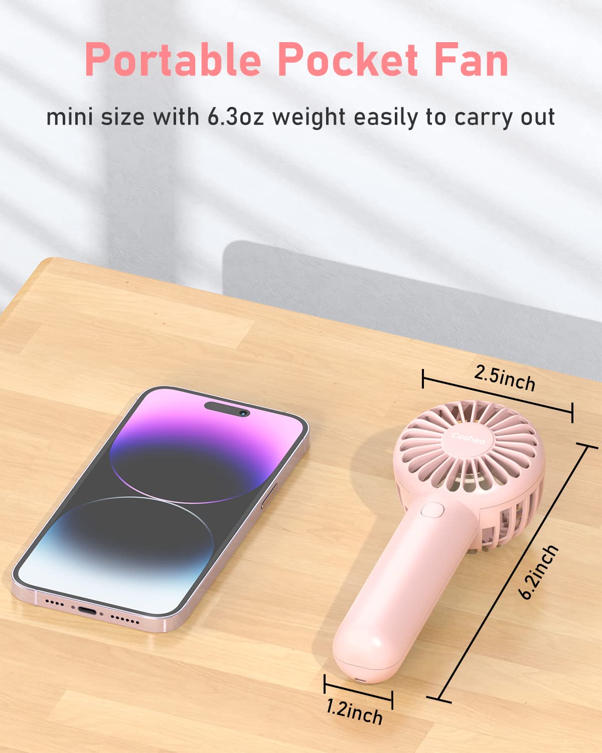 Coohea Mini Handheld Fan 4800mAh Battery Portable Fan USB Rechargeable Eyelash Fan 3 Speeds Wind Powerful Makeup Fan Cute Small Fan with Base & Lanyard for Hand Held Desk Travel Beach Office, Pink