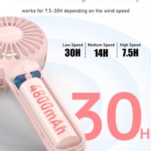 Coohea Mini Handheld Fan 4800mAh Battery Portable Fan USB Rechargeable Eyelash Fan 3 Speeds Wind Powerful Makeup Fan Cute Small Fan with Base & Lanyard for Hand Held Desk Travel Beach Office, Pink