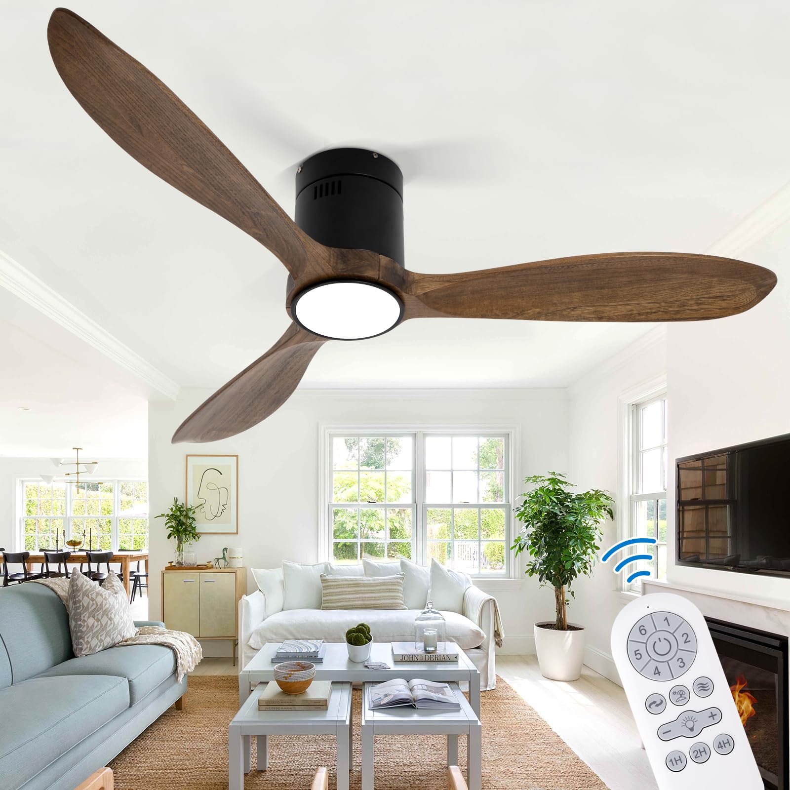 VACILL Flush Mount Ceiling Fan with Light,Low Profile Ceiling Fan,Wooden Fan Blades,6 Speed,LED Dimmable,DC Motor,52 inch,Amber Wood Blade