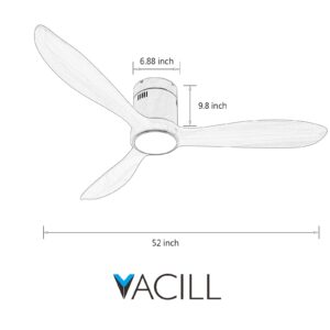 VACILL Flush Mount Ceiling Fan with Light,Low Profile Ceiling Fan,Wooden Fan Blades,6 Speed,LED Dimmable,DC Motor,52 inch,Amber Wood Blade