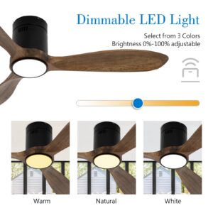 VACILL Flush Mount Ceiling Fan with Light,Low Profile Ceiling Fan,Wooden Fan Blades,6 Speed,LED Dimmable,DC Motor,52 inch,Amber Wood Blade