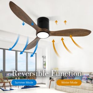 VACILL Flush Mount Ceiling Fan with Light,Low Profile Ceiling Fan,Wooden Fan Blades,6 Speed,LED Dimmable,DC Motor,52 inch,Amber Wood Blade