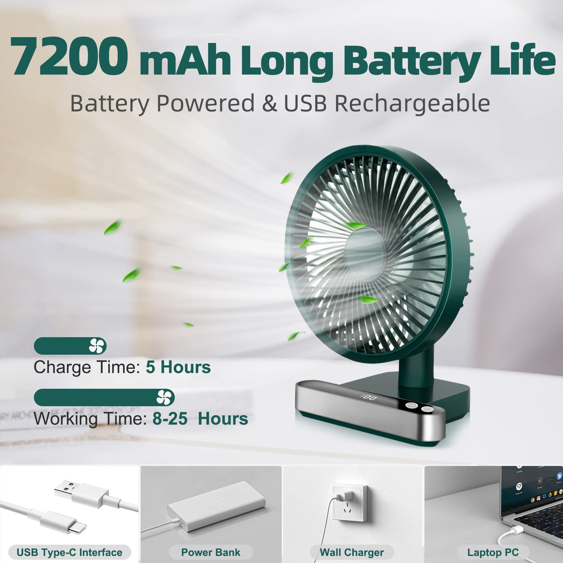 ASYOURZ Oscillating Table Fan - 6.7 Inch Portable Quiet Desktop Fans with 4 Speeds Strong Airflow - 7200mAh Battery Operated or USB Powered Fan - 120° Oscillating Personal Table Fan for Home Office