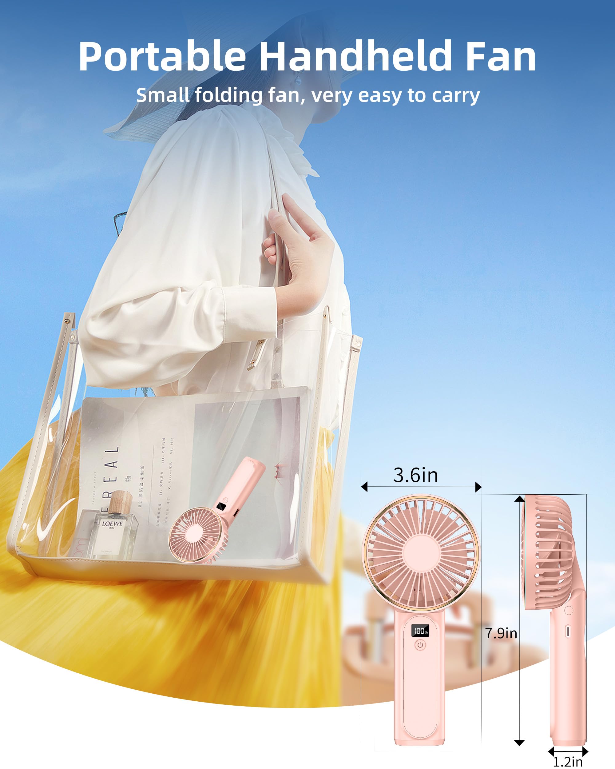 TUNISE Portable Handheld Fan, Neck Fan, 4000mAh Desk Fan, 180° Adjustable, 6 Speed Wind, Display Electricity in Real Time, USB Rechargeable Foldable Fan, Quiet Personal Fan as Power Bank