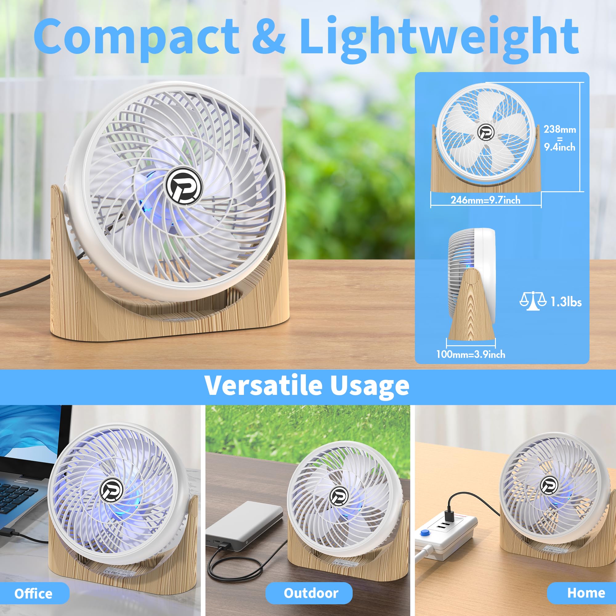 KITWLEMEN Table Fan with Remote, 3 Speeds Powerful Portable Desk Fan with RGB Light & Timers, 360° Rotate, Quiet Operation for Bedroom Office Home