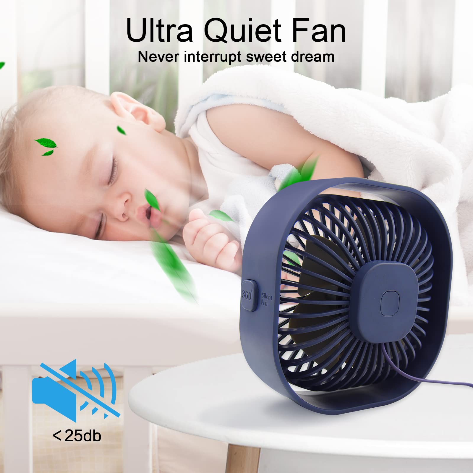 Desk Fan Portable Personal Desktop Mini Cooling Micro with Cable USB Powered 3 Speeds Quiet Small Table Fan for Home Office Study reading Bedroom Indoor Car Outdoor Travel (Blue)