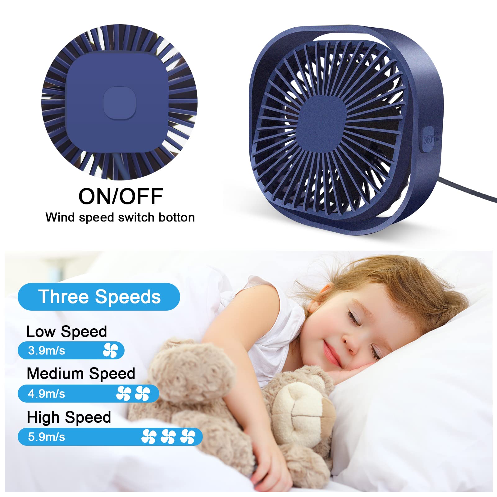 Desk Fan Portable Personal Desktop Mini Cooling Micro with Cable USB Powered 3 Speeds Quiet Small Table Fan for Home Office Study reading Bedroom Indoor Car Outdoor Travel (Blue)