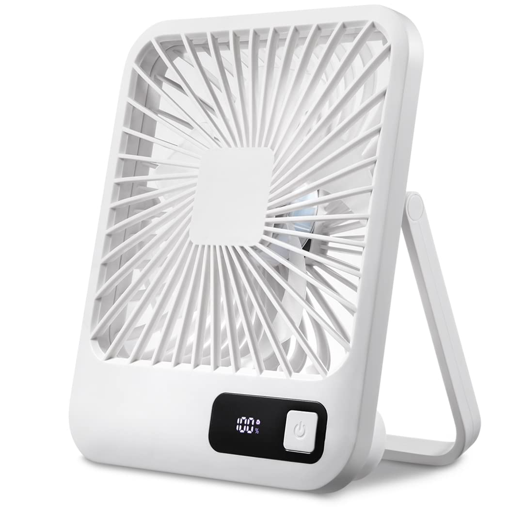 Venanoci LAAAZY Small Desk Fan, Portable USB Rechargeable Fan, Tilt Folding Personal Mini Fan with 2000mAh Battery and LCD Display, Strong Wind, Ultra Quiet, 5 Speed Modes for Office, Home, Camping