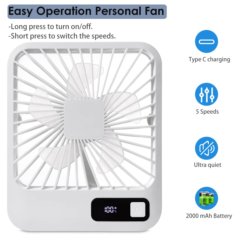 Venanoci LAAAZY Small Desk Fan, Portable USB Rechargeable Fan, Tilt Folding Personal Mini Fan with 2000mAh Battery and LCD Display, Strong Wind, Ultra Quiet, 5 Speed Modes for Office, Home, Camping