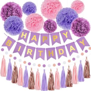 rubfac purple pink birthday party decorations set with happy birthday banner, tissue paper pompoms, tassel garland, and circle dots garland purple birthday decorations for women girls