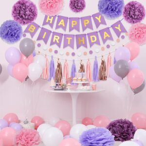 RUBFAC Purple Pink Birthday Party Decorations Set with Happy Birthday Banner, Tissue Paper Pompoms, Tassel Garland, and Circle Dots Garland Purple Birthday Decorations for Women Girls