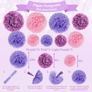 RUBFAC Purple Pink Birthday Party Decorations Set with Happy Birthday Banner, Tissue Paper Pompoms, Tassel Garland, and Circle Dots Garland Purple Birthday Decorations for Women Girls