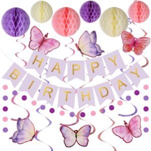 meowtastic purple birthday decorations - purple happy birthday banner with honeycomb ball, butterflies hanging swirl streamer, circle dot garland decoration - birthday party decoration for women girl