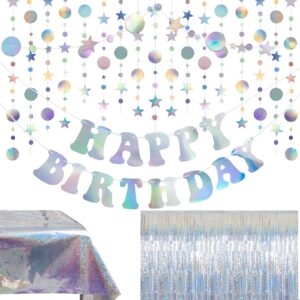 iridescent happy birthday party decorations happy birthday banner, iridescent circle dot garland streamer, fringe curtain, foil tablecloth for disco bday 70s 60s party decoration