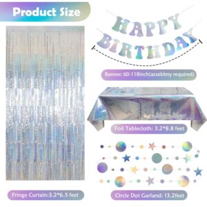 Iridescent Happy Birthday Party Decorations Happy Birthday Banner, Iridescent Circle Dot Garland Streamer, Fringe Curtain, Foil Tablecloth for Disco Bday 70s 60s Party Decoration