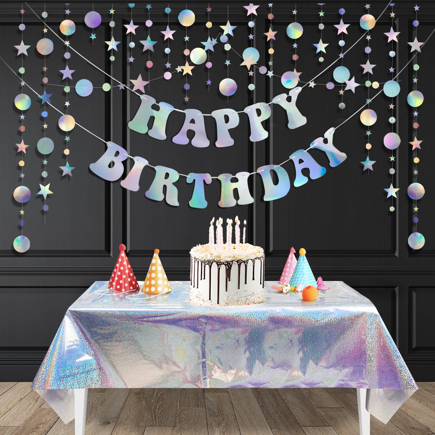 Iridescent Happy Birthday Party Decorations Happy Birthday Banner, Iridescent Circle Dot Garland Streamer, Fringe Curtain, Foil Tablecloth for Disco Bday 70s 60s Party Decoration