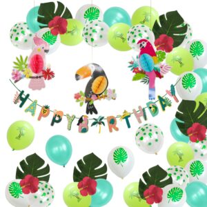 adlkgg hawaiian birthday party decorations for kids, tropical birds parrot toucan honeycomb paper cutouts, luau happy birthday banner palm leaves hibiscus flowers balloons for summer aloha party