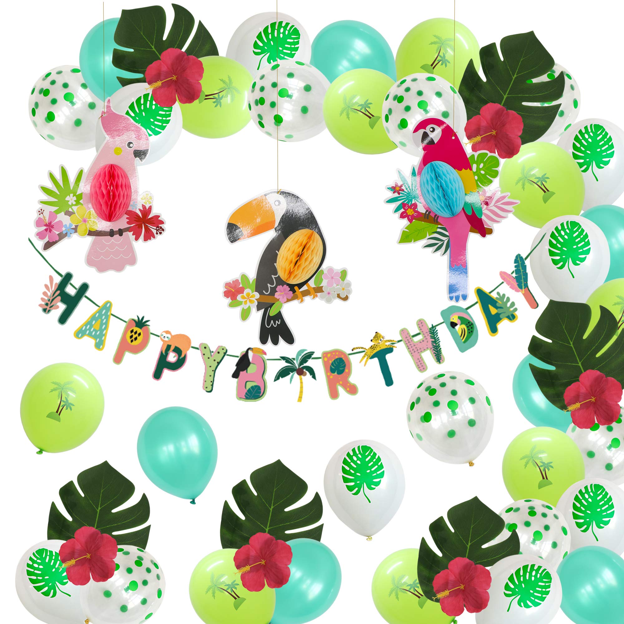 ADLKGG Hawaiian Birthday Party Decorations for Kids, Tropical Birds Parrot Toucan Honeycomb Paper Cutouts, Luau Happy Birthday Banner Palm Leaves Hibiscus Flowers Balloons for Summer Aloha Party